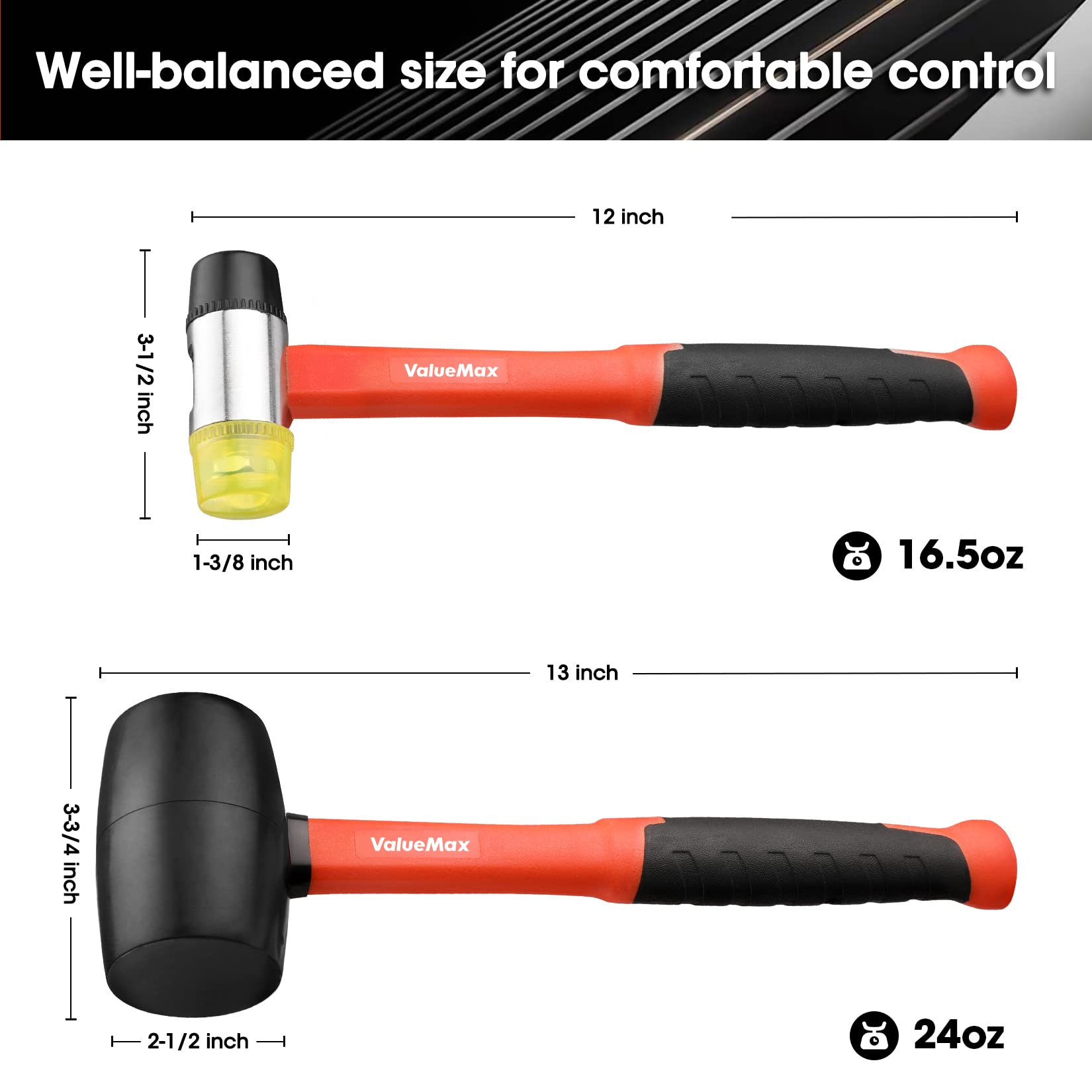 ValueMax Rubber Mallet, 16oz Rubber Mallet Hammer And 35mm Double-Faced Soft Mallet, Fiberglass Handle With Soft Grip, Solid Head, 2 Piece Black Mallet Set