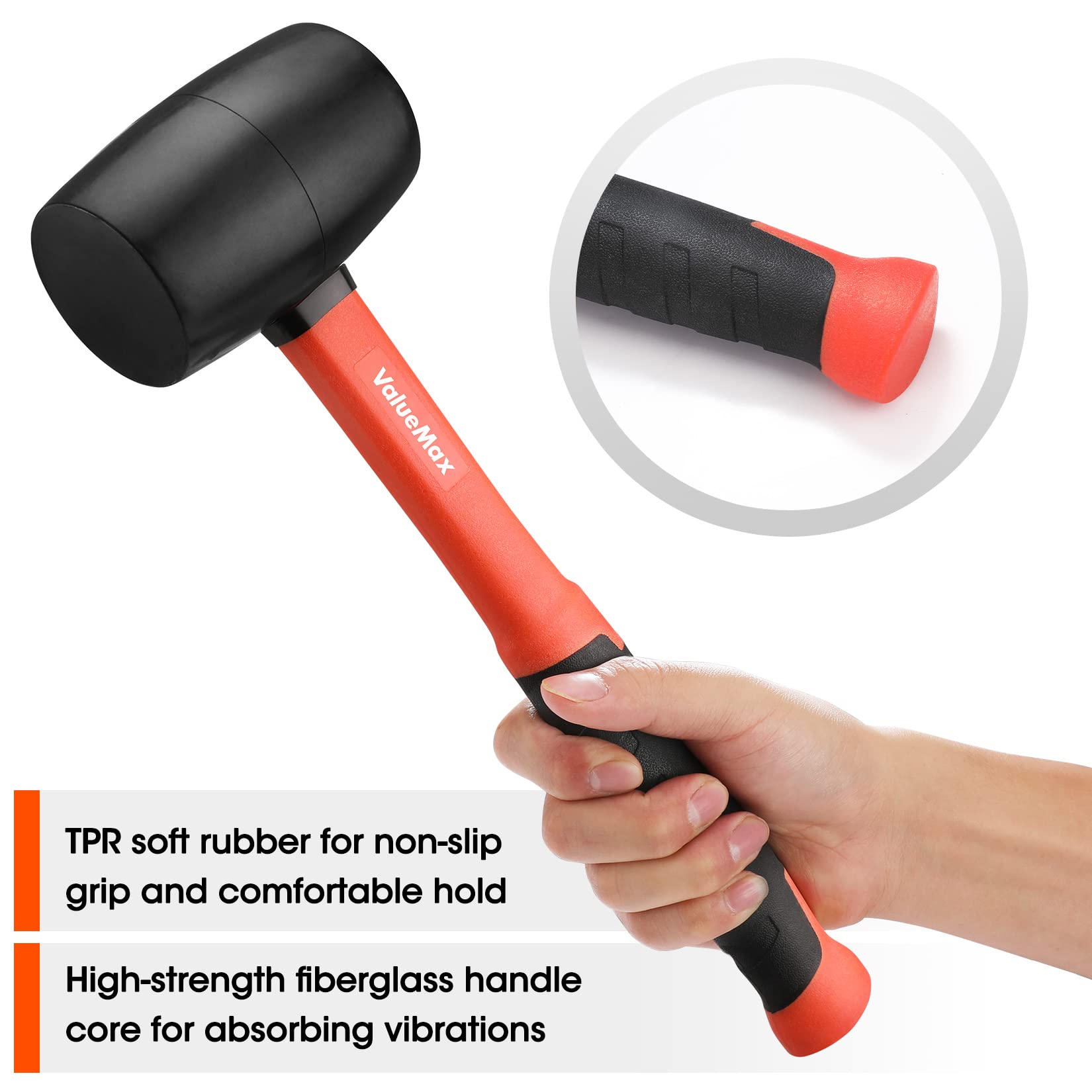 ValueMax Rubber Mallet, 16oz Rubber Mallet Hammer And 35mm Double-Faced Soft Mallet, Fiberglass Handle With Soft Grip, Solid Head, 2 Piece Black Mallet Set