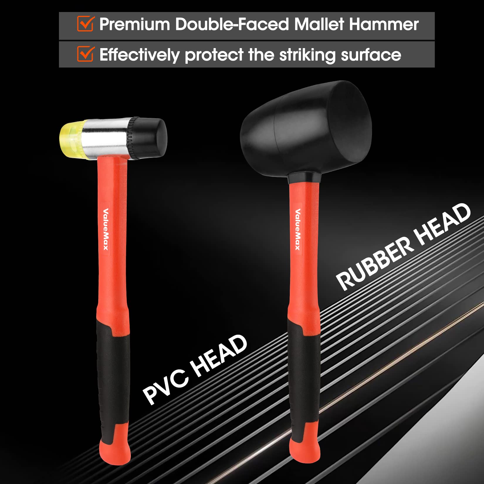 ValueMax Rubber Mallet, 16oz Rubber Mallet Hammer And 35mm Double-Faced Soft Mallet, Fiberglass Handle With Soft Grip, Solid Head, 2 Piece Black Mallet Set