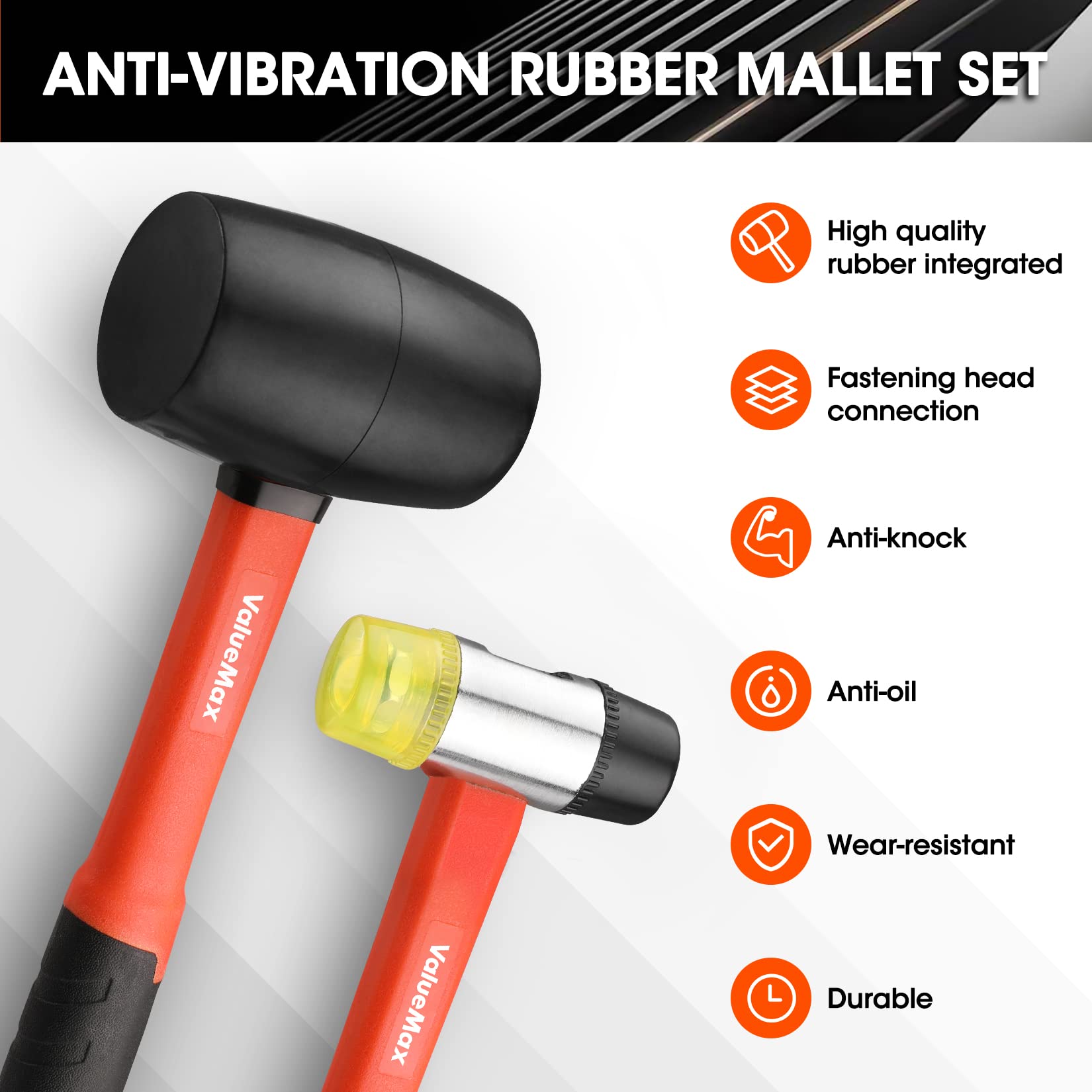 ValueMax Rubber Mallet, 16oz Rubber Mallet Hammer And 35mm Double-Faced Soft Mallet, Fiberglass Handle With Soft Grip, Solid Head, 2 Piece Black Mallet Set