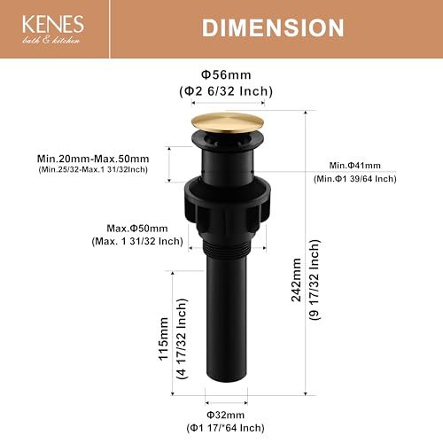 KENES Bathroom Vessel Sink Pop Up Drain Without Overflow Assembly, Lavatory Vanity Sink Drain Stopper, Anti-Clogging Drain Strainer, Brushed Gold, KE-P300A-4