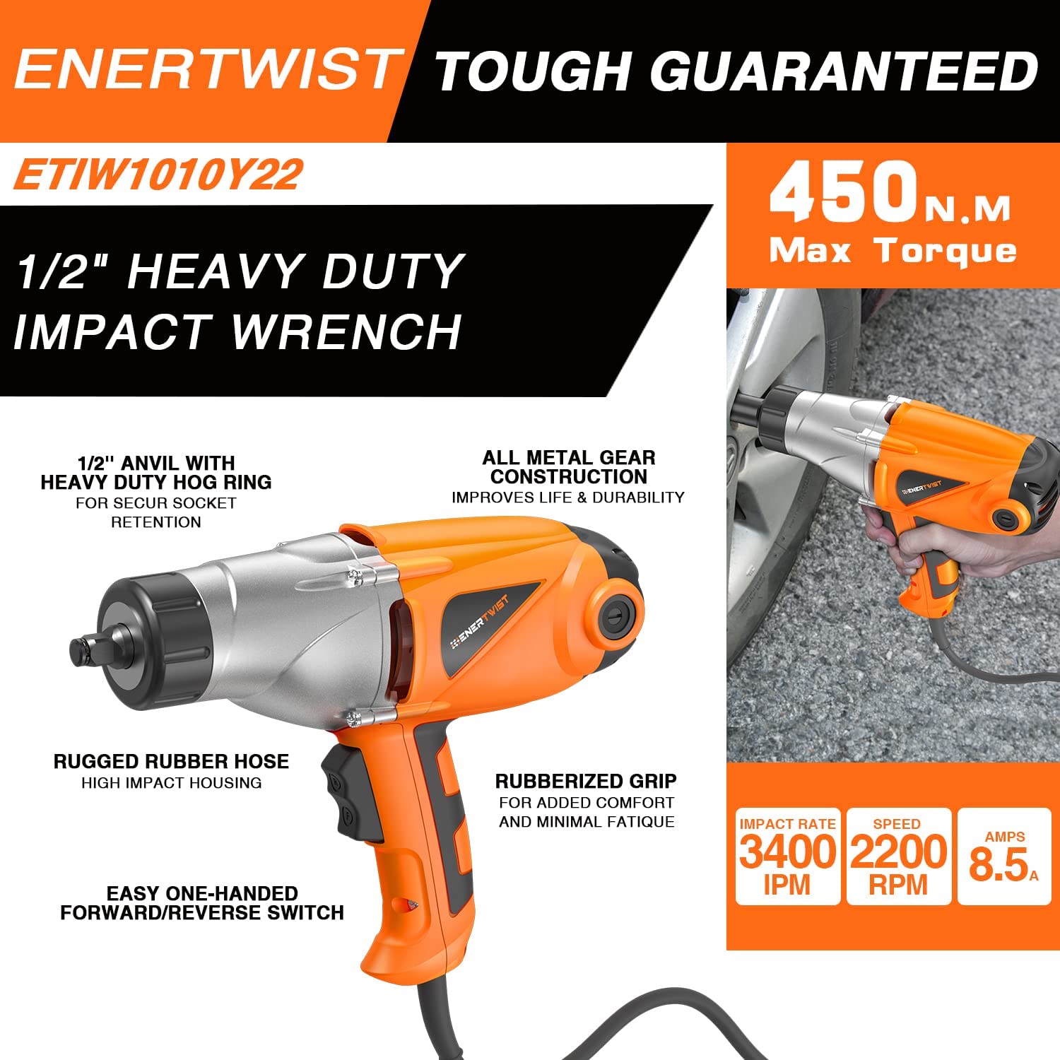 ENERTWIST 8.5A Electric Impact Wrench 1/2 Inch 450 N.M Max Torque Corded 4 Sockets Impact Wrench with Hog Ring Anvil