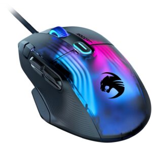 roccat kone xp pc gaming mouse with 3d aimo rgb lighting, 19k dpi optical sensor, 4d krystal scroll wheel, multi-button design, wired computer mouse – black