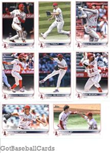 2022 topps series 1 los angeles angels team set of 8 cards: shohei ohtani(#1), mike trout(#27), jared walsh(#154), los angeles angels(#159), kurt suzuki(#171), raisel iglesias(#173), reid detmers(#201), brandon marsh(#243)