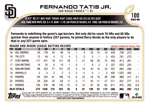 2022 Topps #100 Fernando Tatis Jr. NM-MT Padres