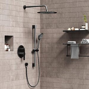 Gabrylly Shower System Black, Wall Mounted Slide Bar Shower Faucet Set Complete,High Pressure 10" Rain Shower Head with 5-Setting Handheld Shower,Shower Combo Set with Shower Valve