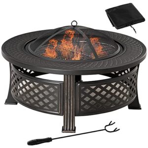 outsunny 32" outdoor fire pit grill & ice bucket table, portable steel wood burning bowl, cooking grate, poker, rain cover, spark screen lid