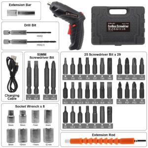 Cordless Electric Screwdriver, 3.6V Rechargeable Power Screwdriver with 47 pcs Accessories, usb charging, 3Nm Screw Gun, mini Carrying screwdriver set ​with LED Light for Father's Day Gift