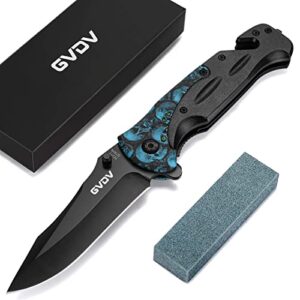 gvdv utility pocket knife with 7cr17 stainless steel - edc folding knife for outdoor camping hunting, liner-lock, clip, seatbelt cutter, glass breaker for emergencies, father's day gifts, blue skull