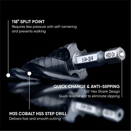 toolant Four Spiral Flute Cobalt Step Drill Bit(Pro Max), 1/4"-3/4" Impact Ready Unibit Step Drill Bit, 1/4" Hex Shank Step Bits for Metal, Stainless Steel, Aluminum, Wood, Plastic