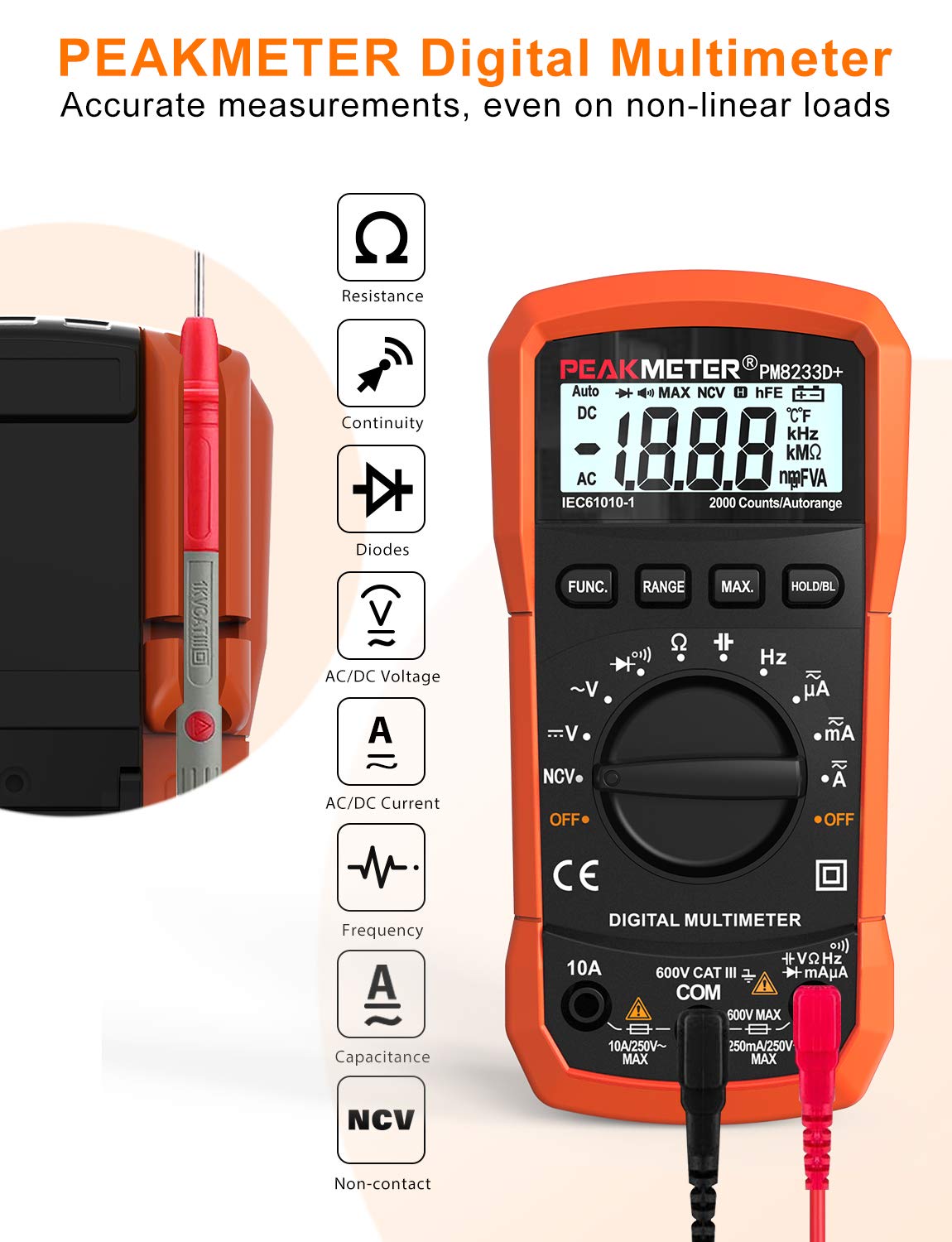 Auto-Ranging Digital Multimeter, AC/DC Amp Ohm Voltage Test Meter with Resistance, Continuity, Capacitance, Frequency and Diode Test; Multi Tester with Backlit Display, Data Hold and NCV