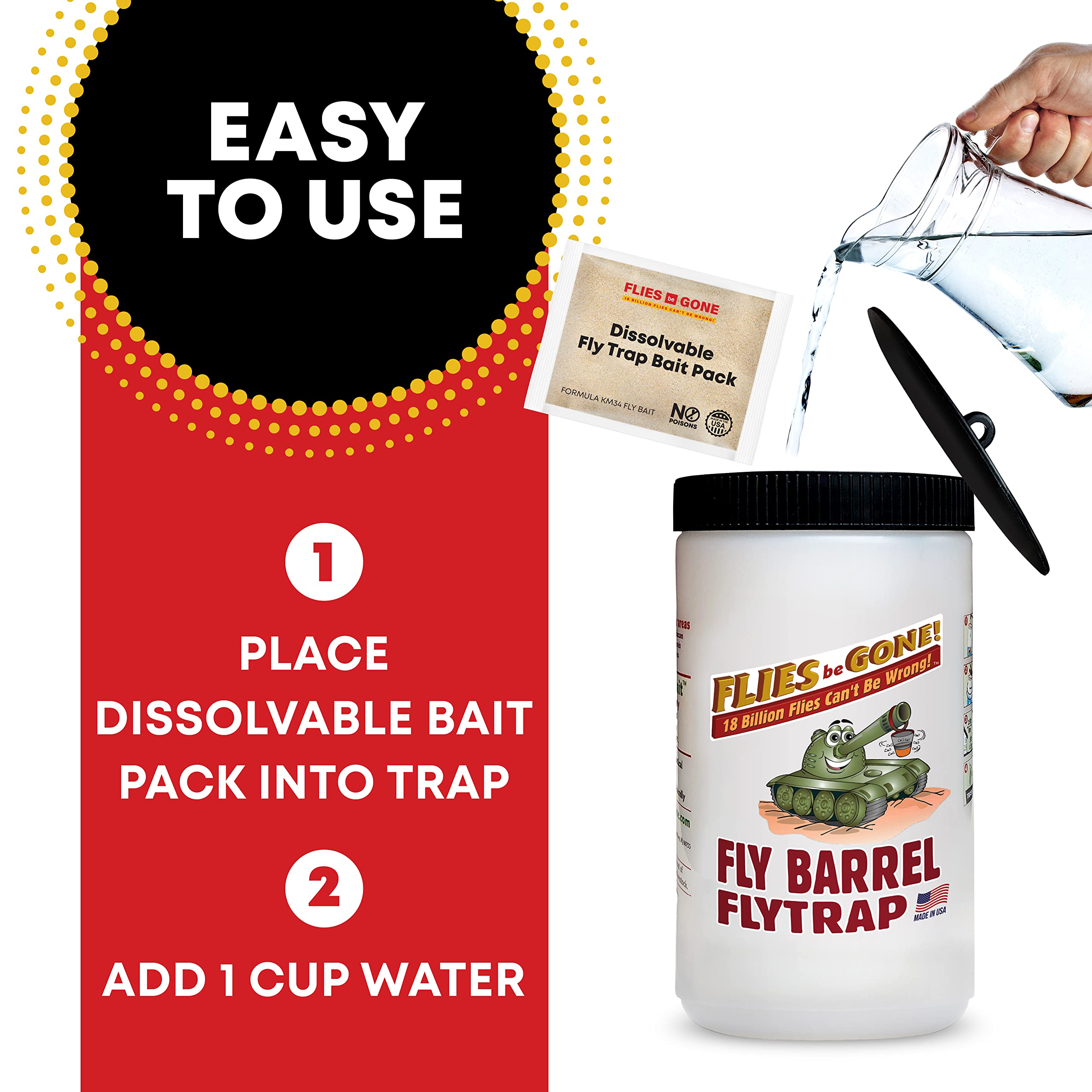 Flies Be Gone Outdoor Fly Traps 2-Pack Reusable – with 2 Dissolvable Fly Attractant Refill Packets & 2 Suspension Strap - Best Non-Toxic Fly Catcher for Your patios, Home and Commercial Use