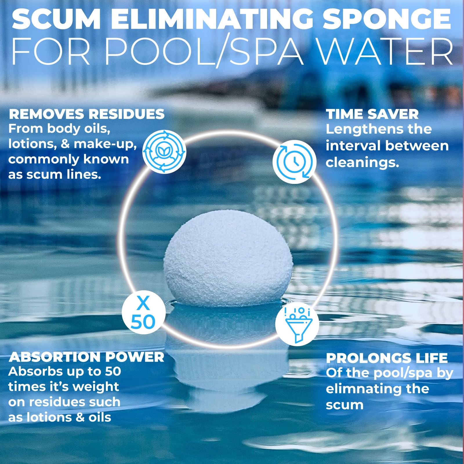 ScumSponge for Hot Tub to Soak Up Oils, Original Oil-Absorbing SpongeBall, Alternative for Scumbug, Ball and Scum Star, Spa Cleaner Sponge for Swimming Pool, Jacuzzi and Hot Tubs, 6 Balls