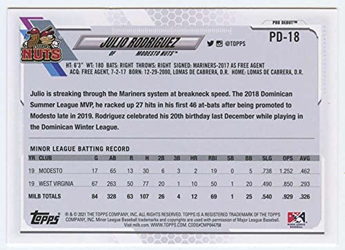 2021 Topps Pro Debut #PD-18 Julio Rodriguez Modesto Nuts RC Rookie Baseball Trading Card