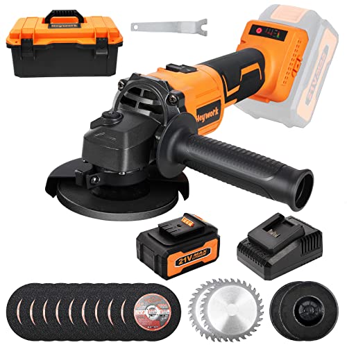 Heywork 21V Cordless Grinder Kit,4" Blade,10000 RPM Brushless Motor Cordless Angle Grinder,4Ah Lithium Ion Battery Grinder & Quick- Charger,2-Position Handle,Cutting and Grinding Wheels