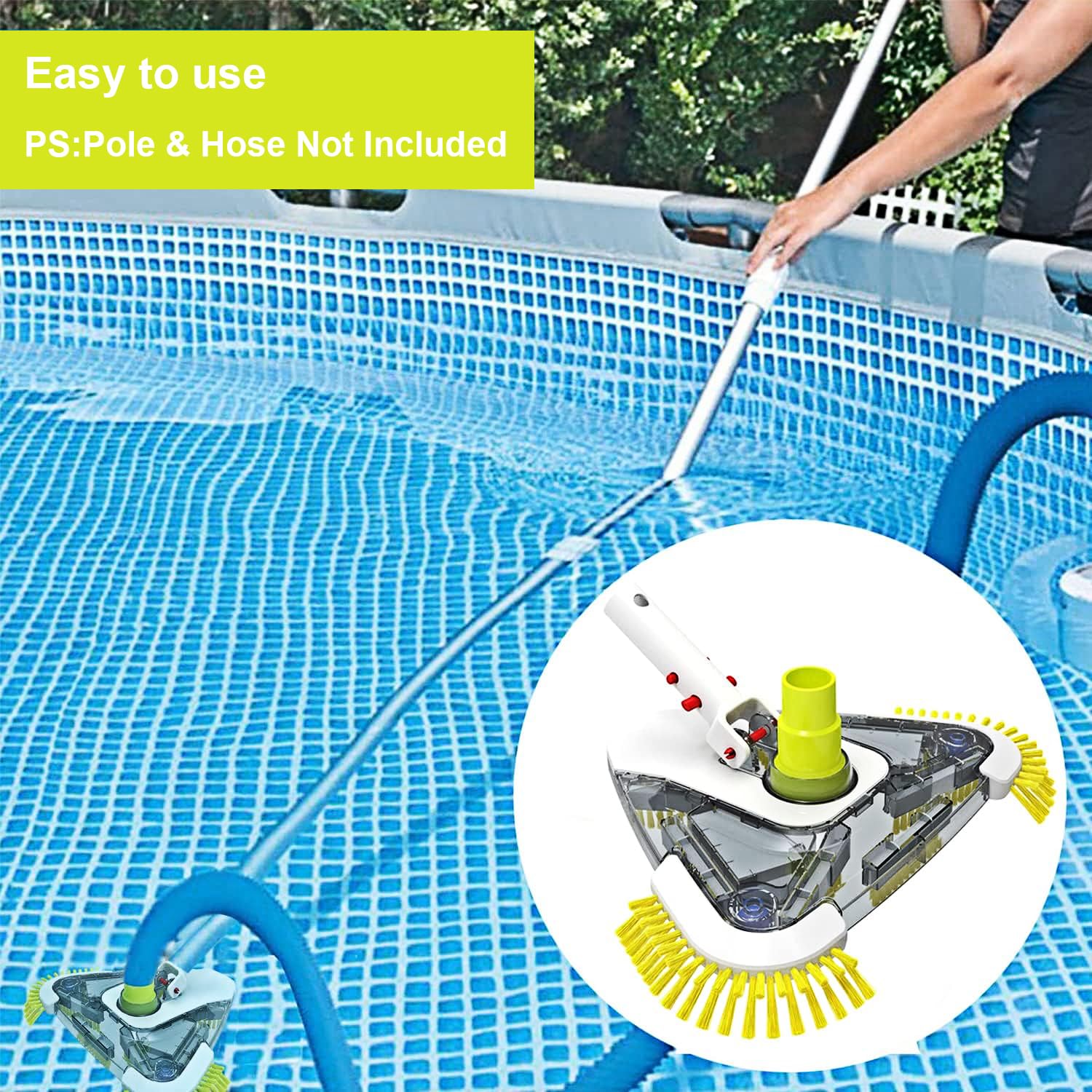 Cheerclean Pool Vacuum Head with Corner Bristles EZ Clip Handle Universal Swivel Connector for Pool Hose Above Ground Pools Inground Pool