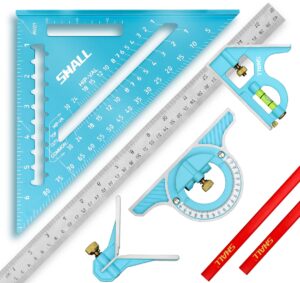 shall rafter square & combination square tool set, 7 inch aluminium-alloy carpenter square & 16 inch zinc-alloy woodworking framing square combo w/stainless steel ruler, 2 carpentry pencils, scriber