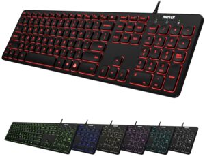 arteck backlit usb wired full size keyboard with media hotkey for pc and laptop