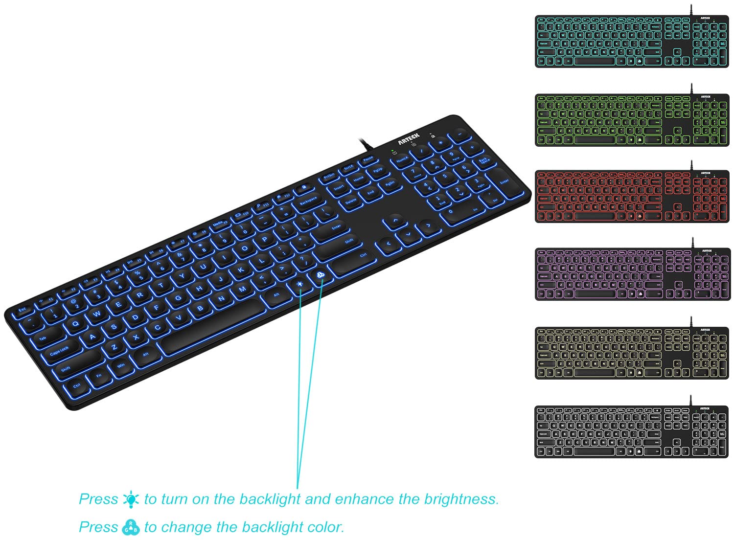 Arteck Backlit USB Wired Full Size Keyboard with Media Hotkey for PC and Laptop