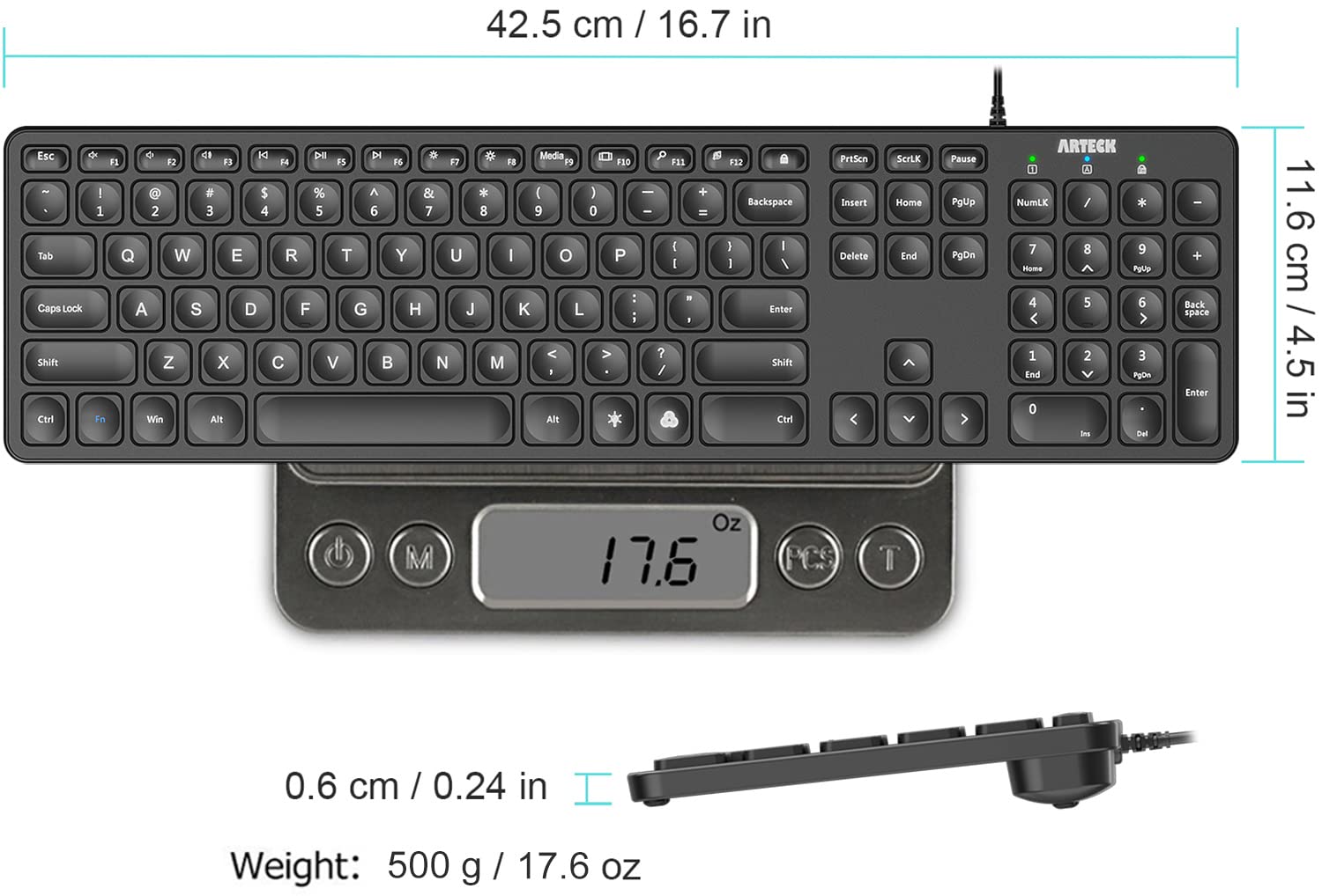 Arteck Backlit USB Wired Full Size Keyboard with Media Hotkey for PC and Laptop