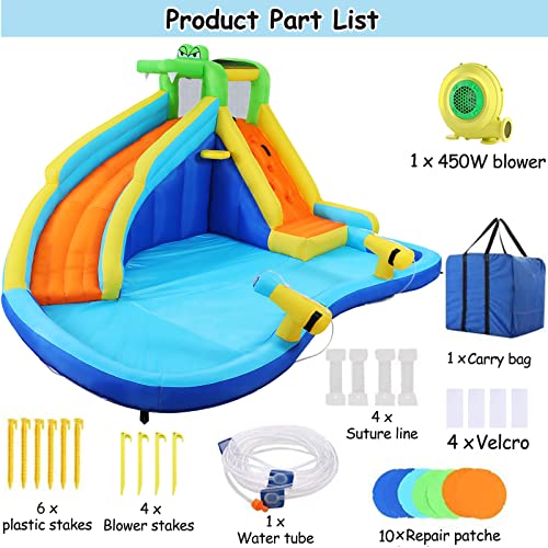 DREAMVAN Inflatable Water Slide Park, Kids Bounce House with Slides, Climbing Wall, Splash Pool, Cannon, Basketball Hoop Jumping Castle w/Air Blower, Hose, Carry Bag, Repairing Kit, Stakes