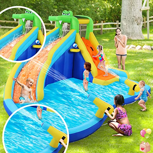 DREAMVAN Inflatable Water Slide Park, Kids Bounce House with Slides, Climbing Wall, Splash Pool, Cannon, Basketball Hoop Jumping Castle w/Air Blower, Hose, Carry Bag, Repairing Kit, Stakes