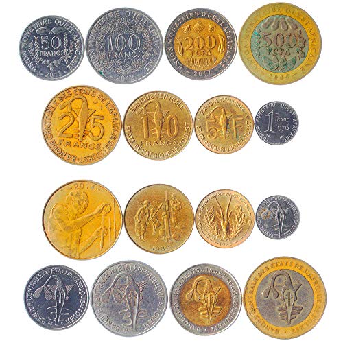 8 Coins from Western African States | West African Coin Set Collection 1 5 10 25 50 100 200 500 Francs | Circulated 1976-2021 | Nuts | Gazelle | Sawfish | Banana | Corn