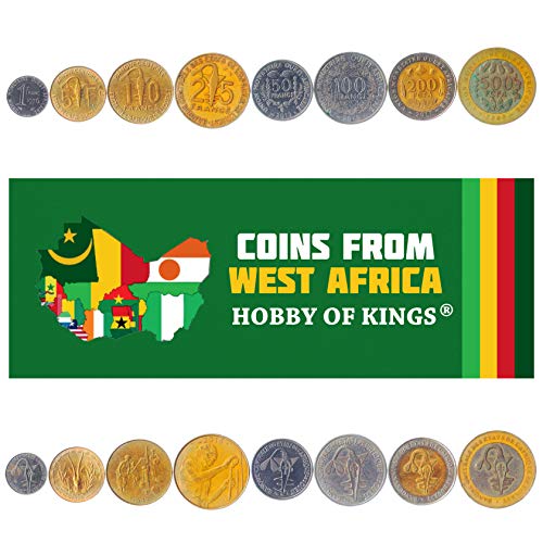 8 Coins from Western African States | West African Coin Set Collection 1 5 10 25 50 100 200 500 Francs | Circulated 1976-2021 | Nuts | Gazelle | Sawfish | Banana | Corn