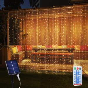 xinxianlian 300led solar curtain lights outdoor indoor 8 modes solar fairy curtain string lights waterproof twinkle lights for home garden patio gazebo(warm white)