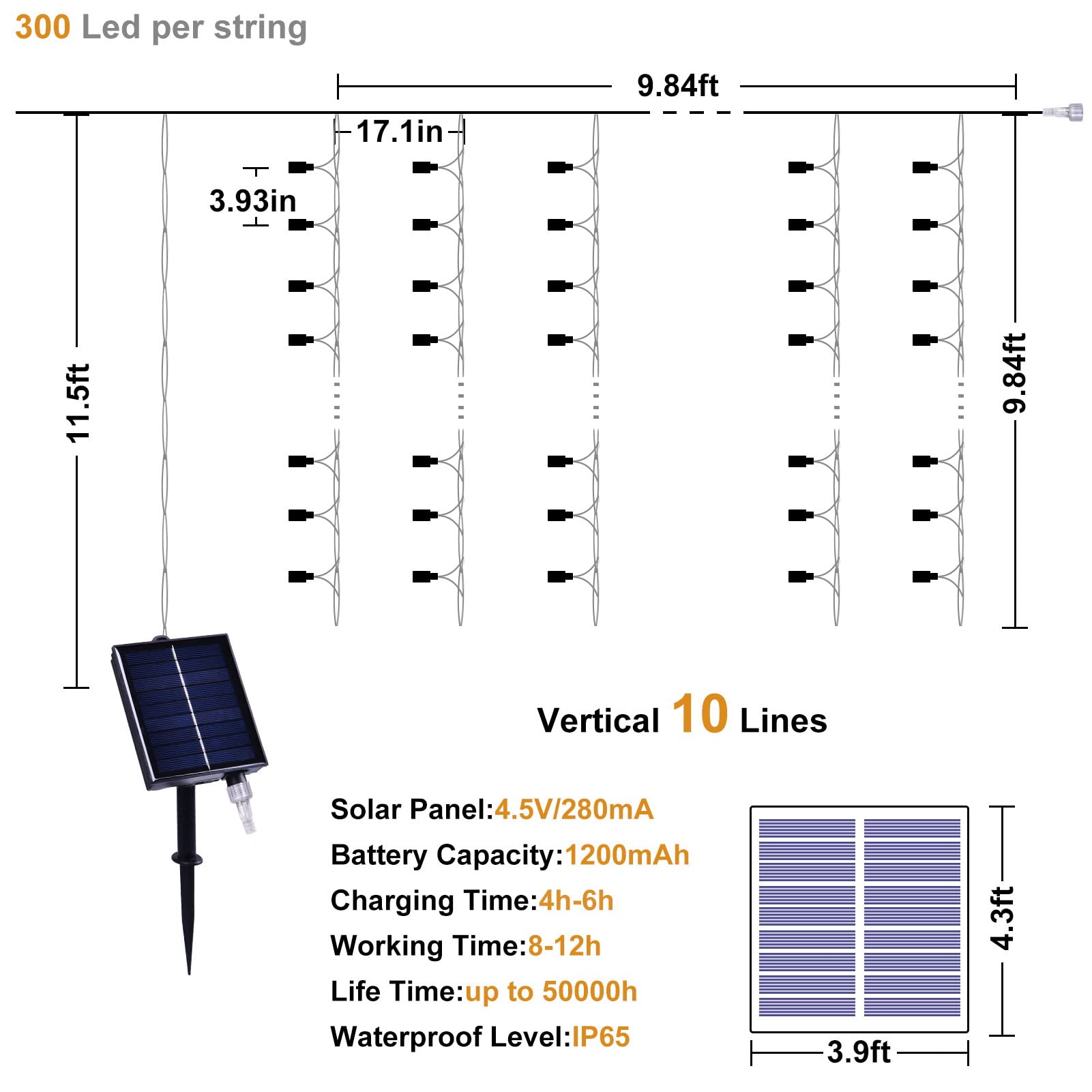 XINXIANLIAN 300LED Solar Curtain Lights Outdoor Indoor 8 Modes Solar Fairy Curtain String Lights Waterproof Twinkle Lights for Home Garden Patio Gazebo(Warm White)