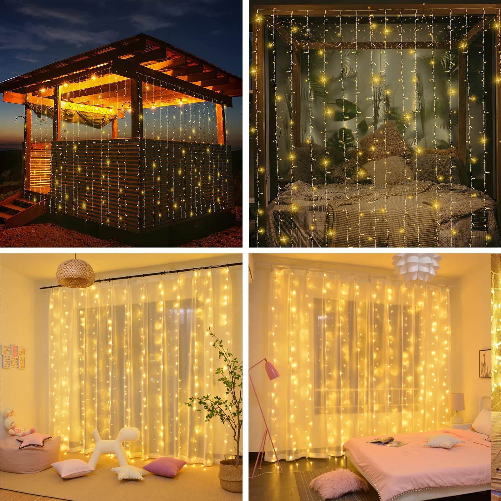 XINXIANLIAN 300LED Solar Curtain Lights Outdoor Indoor 8 Modes Solar Fairy Curtain String Lights Waterproof Twinkle Lights for Home Garden Patio Gazebo(Warm White)