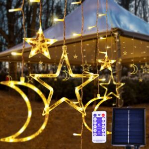 xinxianlian 138 led ramadan decorations light solar moon star lights string light outdoor waterproof solar powered curtain lights with 8 modes ramadan hanging decor for patio (warm white)