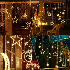 XINXIANLIAN 138 LED Ramadan Decorations Light Solar Moon Star Lights String Light Outdoor Waterproof Solar Powered Curtain Lights with 8 Modes Ramadan Hanging Decor for Patio (Warm White)