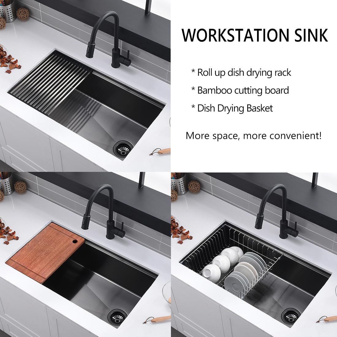 32 Undermount Black Stainless Steel Kitchen Sink Workstation, Gabhar 32×19 Inches 16Gauge Gunmetal Black Stainless Steel Undermount Worksation Kitchen Sinks With Offset Drain