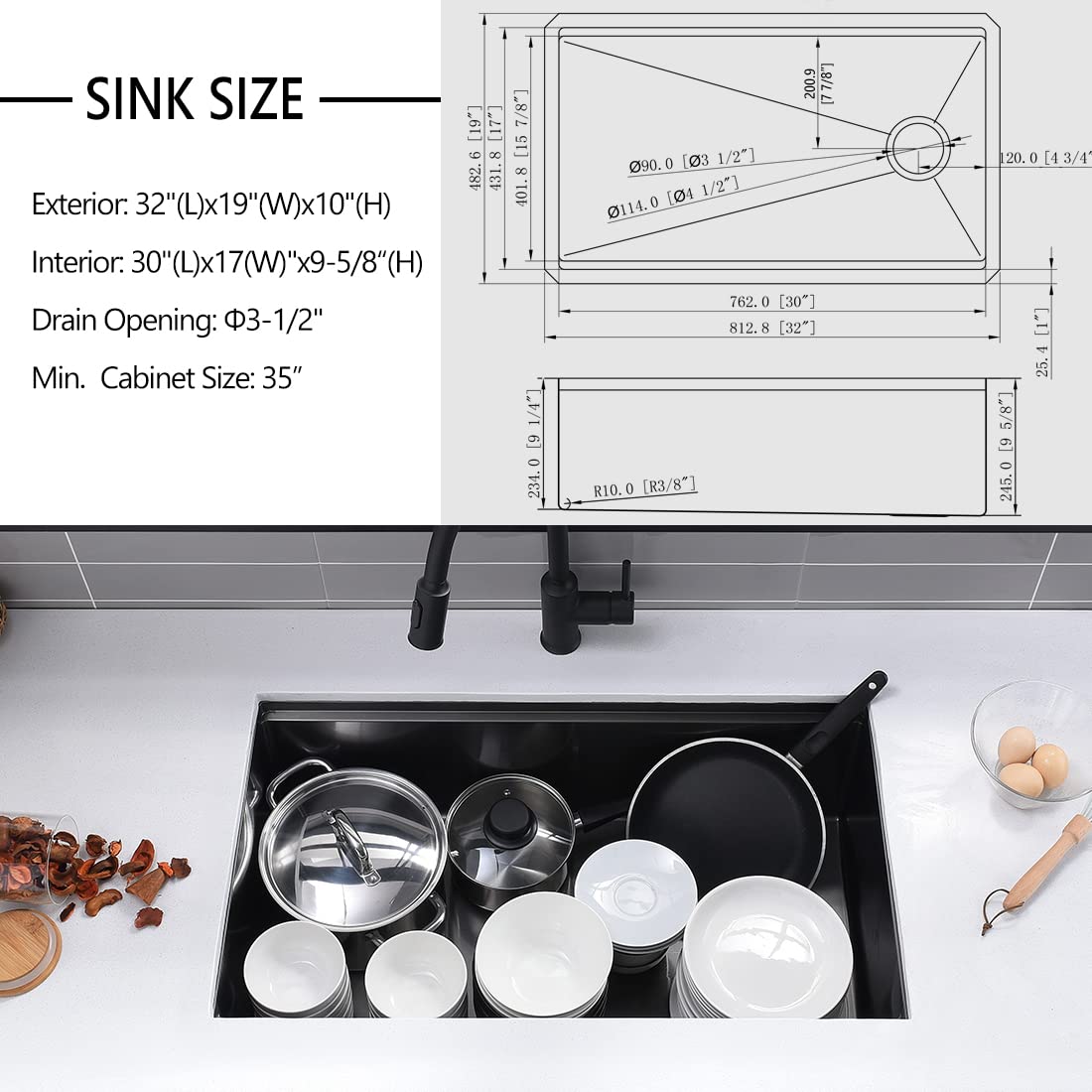 32 Undermount Black Stainless Steel Kitchen Sink Workstation, Gabhar 32×19 Inches 16Gauge Gunmetal Black Stainless Steel Undermount Worksation Kitchen Sinks With Offset Drain