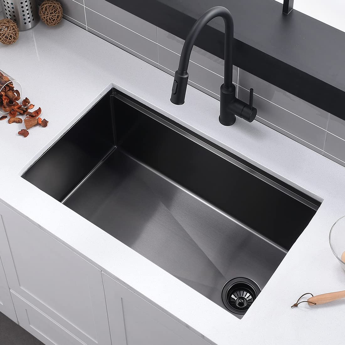 32 Undermount Black Stainless Steel Kitchen Sink Workstation, Gabhar 32×19 Inches 16Gauge Gunmetal Black Stainless Steel Undermount Worksation Kitchen Sinks With Offset Drain