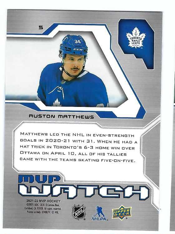 AUSTON MATTHEWS 2021-22 Upper Deck MVP 20th Anniversary #5 Card Toronto Maple Leafs Hockey