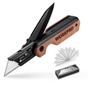 workpro 2-in-1 folding knife/utility knife, quick-change box cutter with belt clip and liner lock, extra 10 sk5 blades included