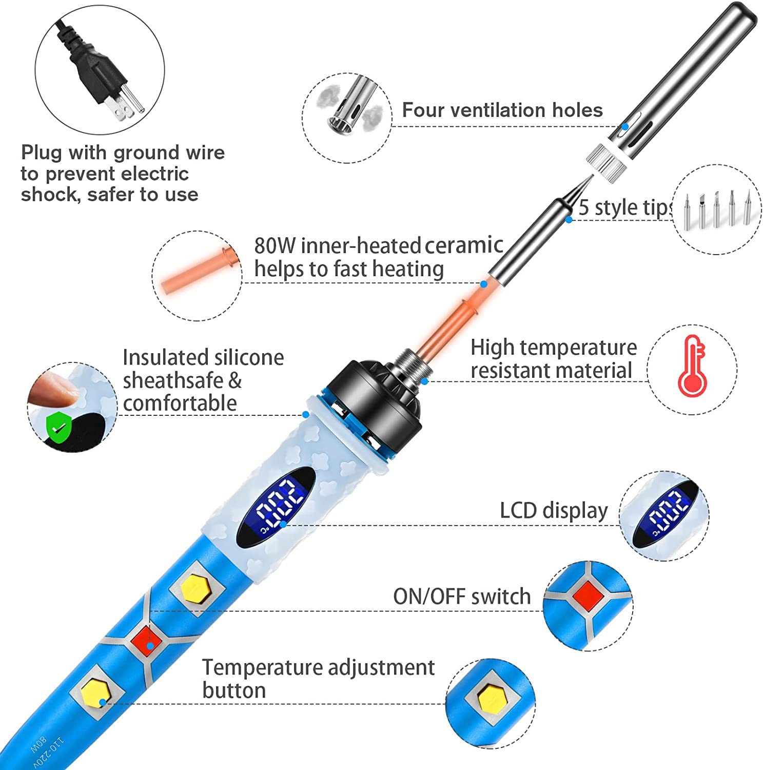 Electronics Soldering Iron Kit - 80W Digital LCD Solder Gun with ON/OFF Switch Adjustable Temperature Controlled and Fast Heating Thermostatic Design Welding Tool