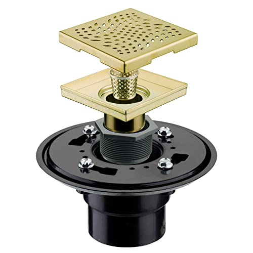 Brushed Gold Square Shower Drain with Flange 4x4, HIDROP 4 inch SUS 304 Stainless Steel Brass Gold Shower Floor Drain with Removable Hair Strainer