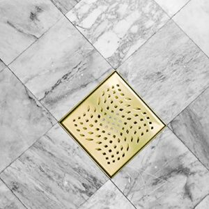 Brushed Gold Square Shower Drain with Flange 4x4, HIDROP 4 inch SUS 304 Stainless Steel Brass Gold Shower Floor Drain with Removable Hair Strainer