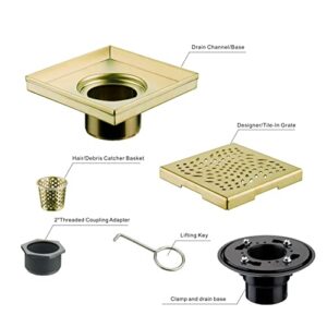 Brushed Gold Square Shower Drain with Flange 4x4, HIDROP 4 inch SUS 304 Stainless Steel Brass Gold Shower Floor Drain with Removable Hair Strainer