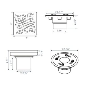 Brushed Gold Square Shower Drain with Flange 4x4, HIDROP 4 inch SUS 304 Stainless Steel Brass Gold Shower Floor Drain with Removable Hair Strainer