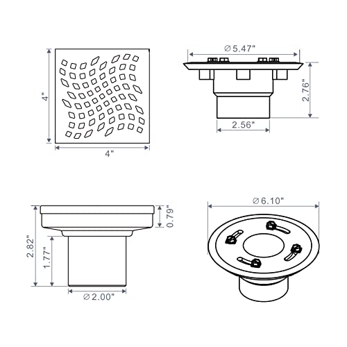 Brushed Gold Square Shower Drain with Flange 4x4, HIDROP 4 inch SUS 304 Stainless Steel Brass Gold Shower Floor Drain with Removable Hair Strainer