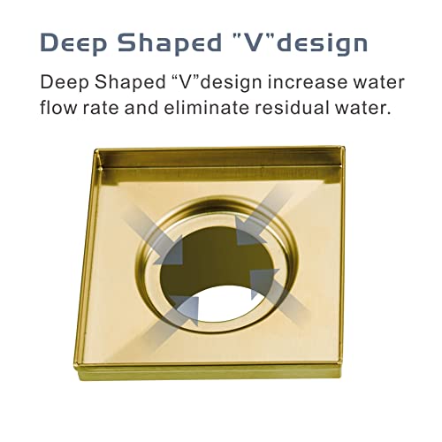 Brushed Gold Square Shower Drain with Flange 4x4, HIDROP 4 inch SUS 304 Stainless Steel Brass Gold Shower Floor Drain with Removable Hair Strainer