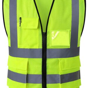 XIAKE 5 Pockets Mesh High Visibility Reflective Safety Vest,Zipper Front, Meets ANSI/ISEA Standards(Large,Yellow)