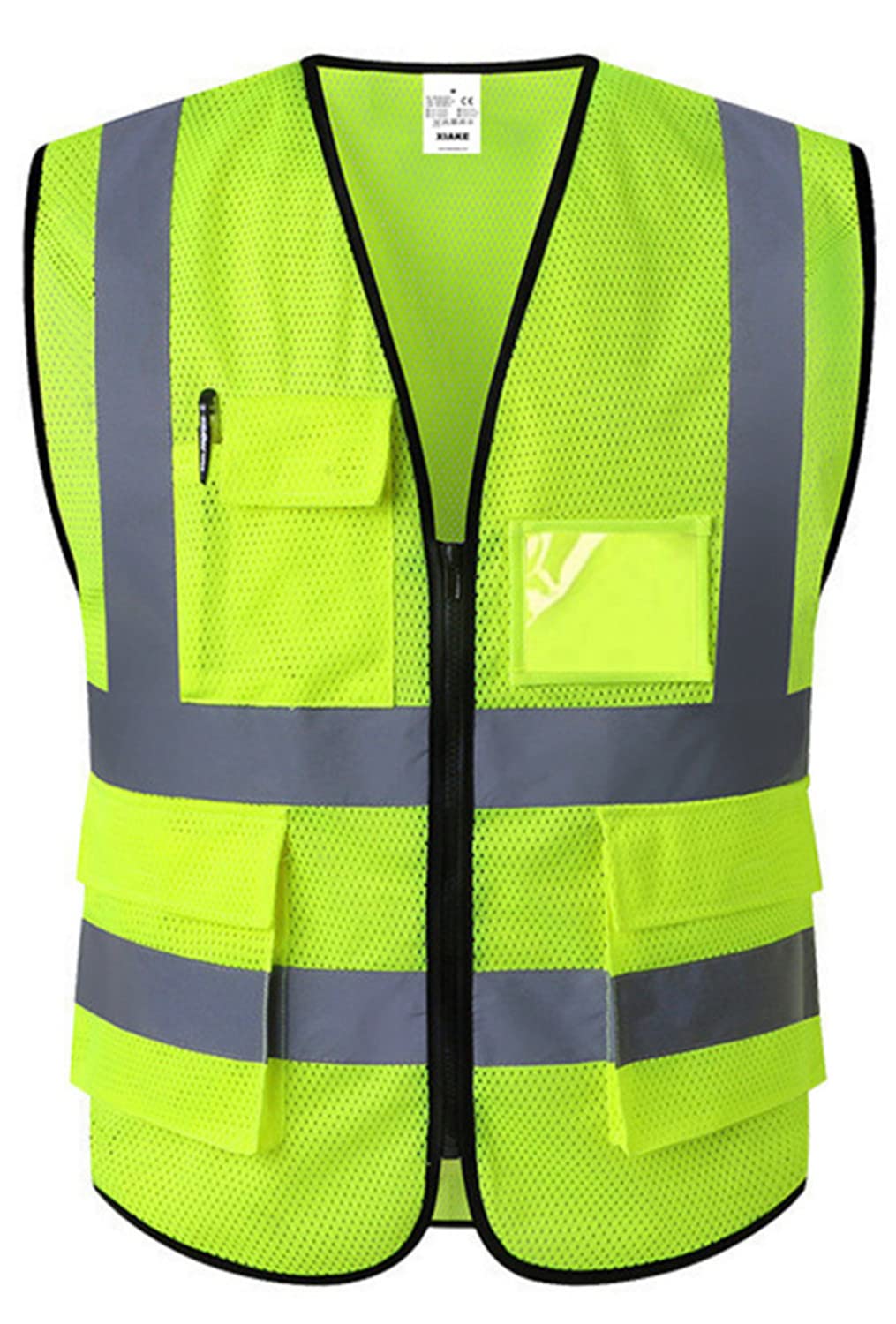 XIAKE 5 Pockets Mesh High Visibility Reflective Safety Vest,Zipper Front, Meets ANSI/ISEA Standards(Large,Yellow)