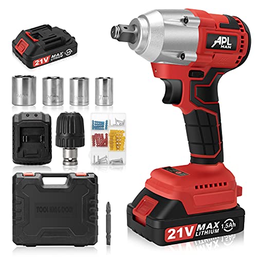 APLMAN Cordless Impact Wrench Kit MAX 21V Power Impact Wrench Set 1/2" Chuck (red)