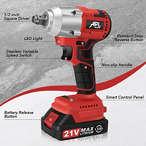 APLMAN Cordless Impact Wrench Kit MAX 21V Power Impact Wrench Set 1/2" Chuck (red)