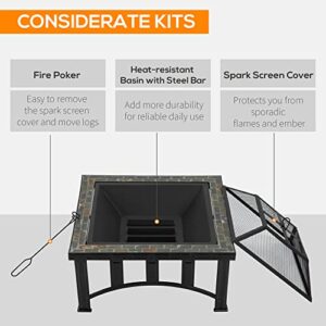 Outsunny 30" Outdoor Fire Pits, Square Steel Wood Burning Fire Pits with Spark Screen, Cooking Grill and Log Poker, Camping Fire Pit for Backyard, Patio